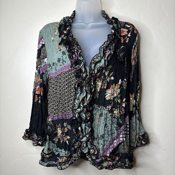 Agora | Tops | Agora Top Sz S Sheer Patchwork Ruffles Beaded Rosettes ...